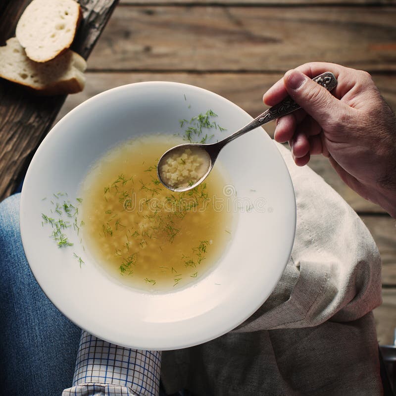 Italian Man Holding Treditional Soup with Pasta Minestra Stock Photo ...