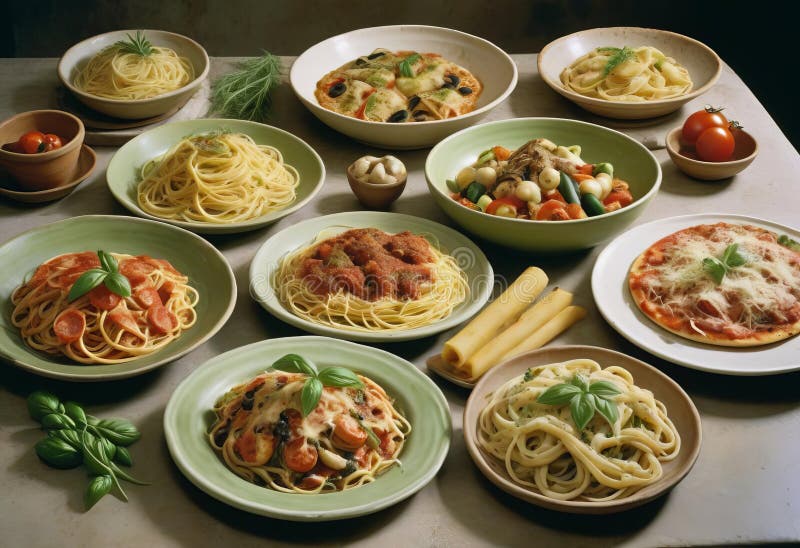 Italian Meals on Plates. Mediterranean Dishes Stock Illustration ...