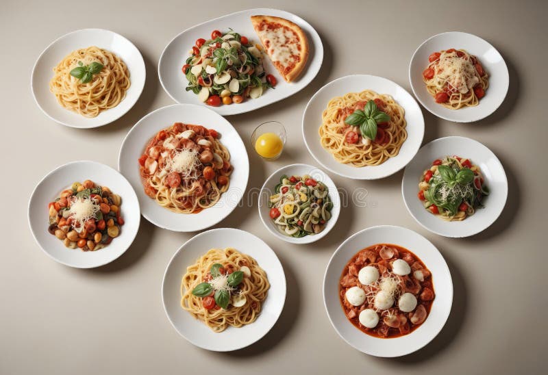 Italian Meals on Plates. Mediterranean Dishes Stock Illustration ...