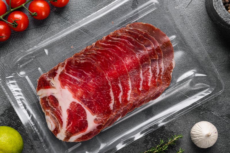 Italian Meat Cold Cuts Pack, on Gray Stone Table Background, Top View ...