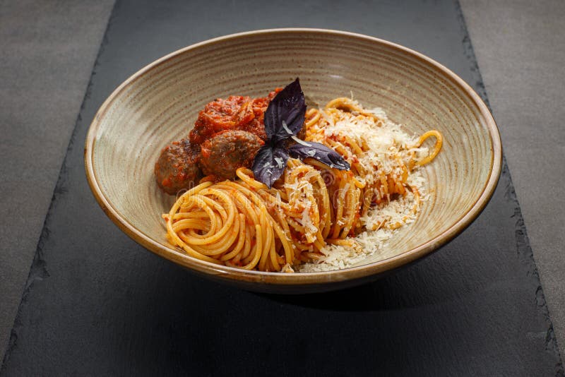 Italian Meatballs with Spagetti Pasta, Front View Stock Image - Image ...