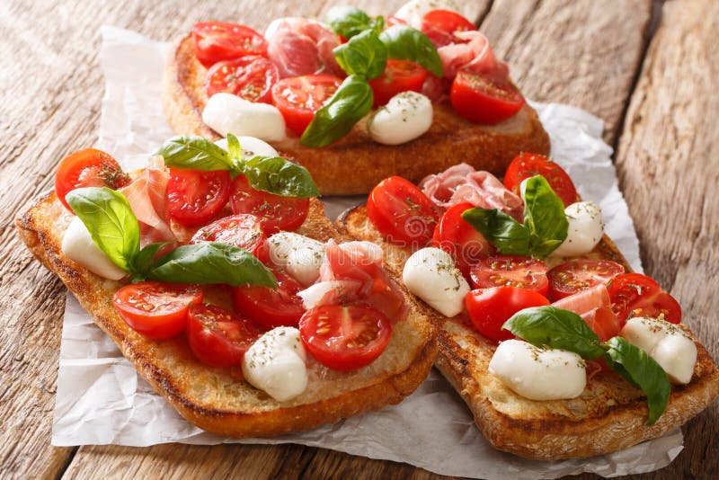 Italian Open Sandwiches with Mozzarella, Tomatoes, Ham and Basil ...