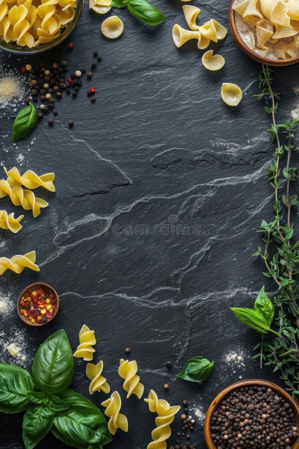 Italian Pasta, Basil, and Spices Create a Border on a Dark Grey Slate ...