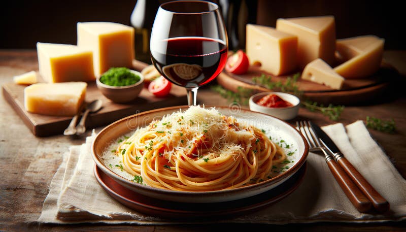 Italian Pasta with Cheese and a Glass of Red Wine Stock Illustration ...