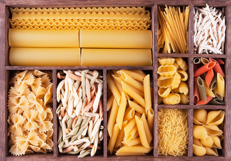 Italian Pasta Collection in Wooden Box Stock Image - Image of farfalle ...