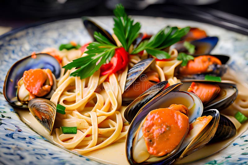 Seafood Pasta with Mussels Generative AI Stock Illustration ... Seafood Pasta with Mussels Generative AI Stock Illustration ...