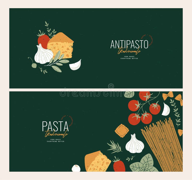 Italian Pasta Horizontal Design Templates. Spaghetti and Ingredients ...