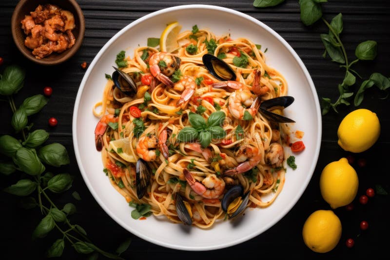 Italian Pasta with Seafood, Tomatoes and Basil Stock Illustration ...