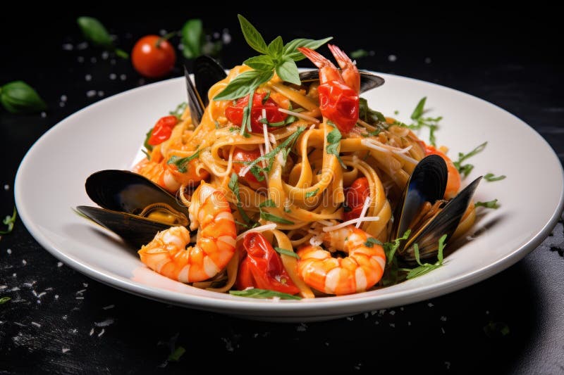 Italian Pasta with Seafood, Tomatoes and Basil Stock Illustration ...