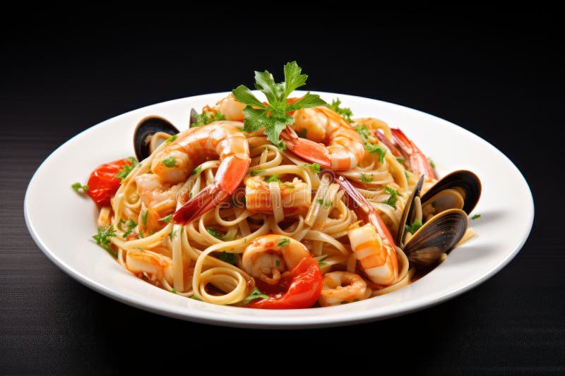 Italian Pasta with Seafood, Tomatoes and Basil Stock Illustration ...