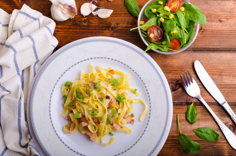 Italian Pasta with Spring Onion and Bacon Stock Photo - Image of dinner ...