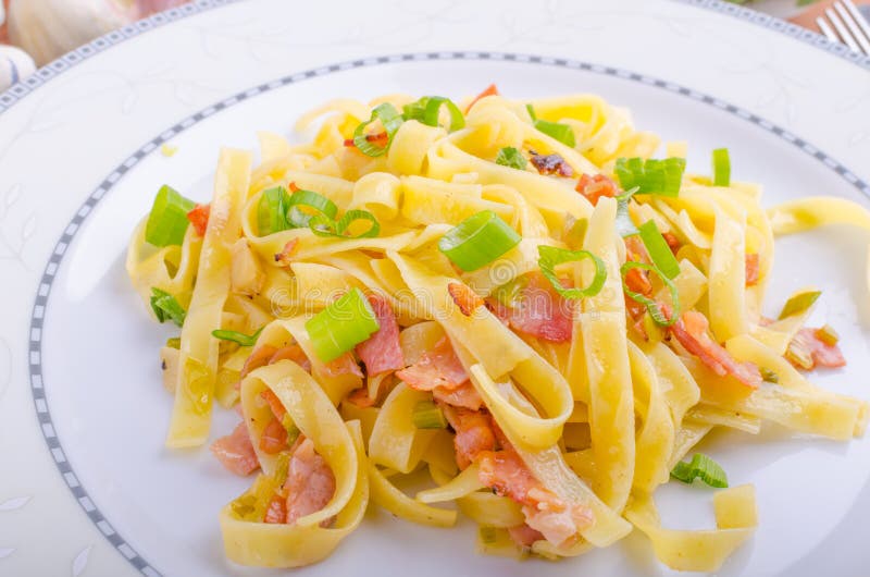 Italian Pasta with Spring Onion and Bacon Stock Image - Image of dinner ...
