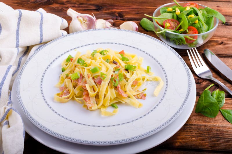 Italian Pasta with Spring Onion and Bacon Stock Image - Image of crisp ...