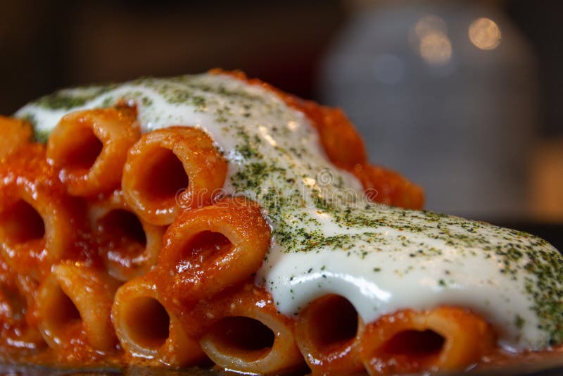 Italian Pasta with Tomato and Stringy Cream Cheese Stock Image - Image ...