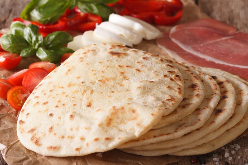 Italian Piadina Flat Bread, Ham, Cheese and Vegetables Macro. Ho Stock ...