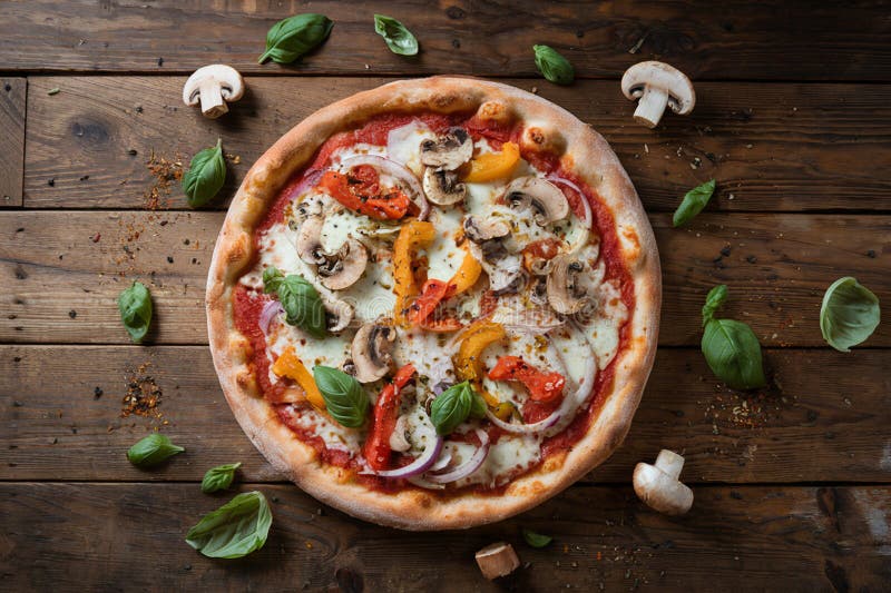 Italian Pizza with Assorted Toppings on a Rustic Kitchen Table Stock ...