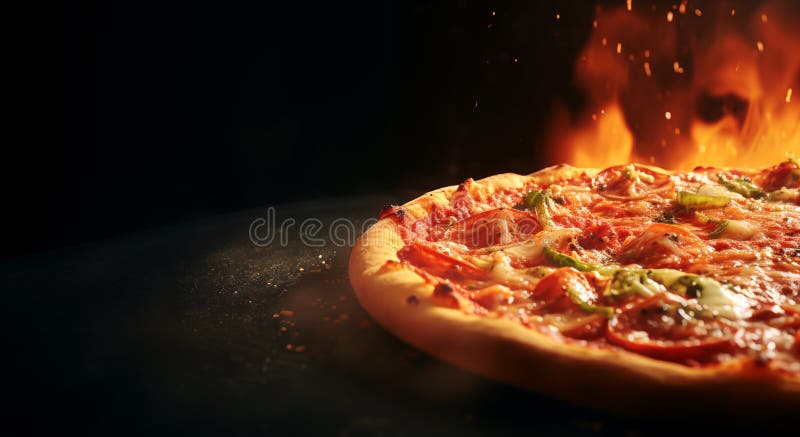 Italian Pizza on Black Table in Front of Oven with Open Fire, Copy ...