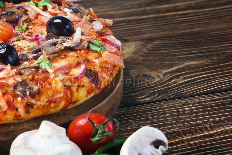 Italian Pizza Served on Wooden Table Stock Image - Image of salami ...