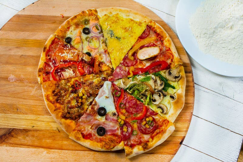 Italian Pizza on Wood Table with Ingredients Stock Photo - Image of ...