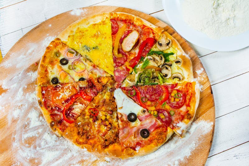 Italian Pizza on Wood Table with Ingredients Stock Photo - Image of ...