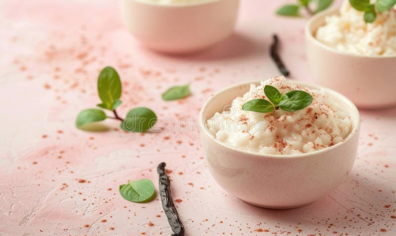 Italian Rice Pudding with Vanilla on a Light Pink Background Stock ...