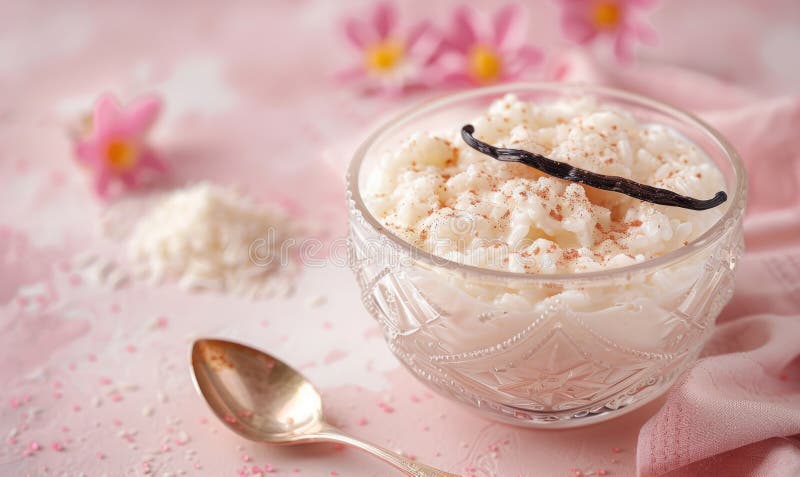 Italian Rice Pudding with Vanilla on a Light Pink Background Stock ...