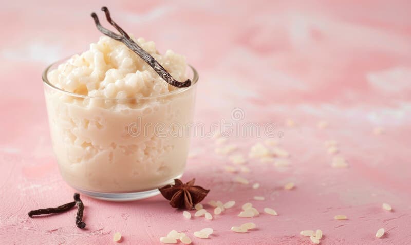 Italian Rice Pudding with Vanilla on a Light Pink Background Stock ...