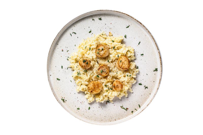 Italian Risotto with Pan Seared Sea Scallops. Isolated, White ...