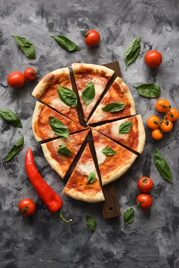 Italian Rustic Pizza Margherita With Raw Tomatoes Basil And Bell Pepper On Dark Background Top