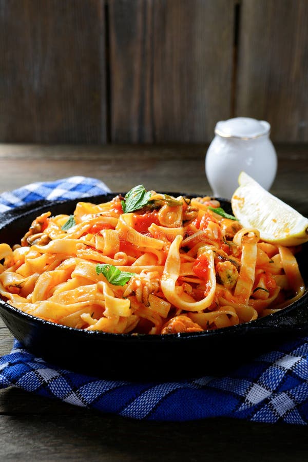 Italian Spaghetti with Seafood in a Pan Stock Photo - Image of ...