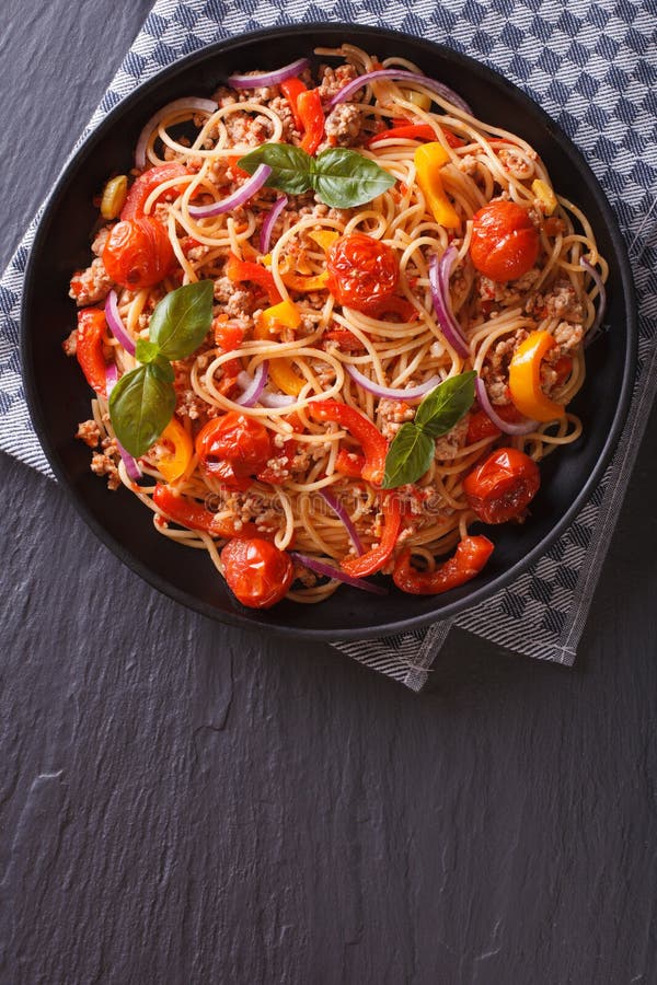 Italian Spaghetti with Vegetables Vertical Top View Stock Image - Image ...