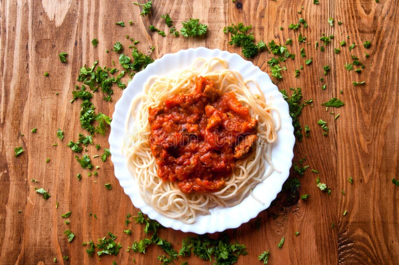 Italian Spaghetti on a Wooden Table with Text Space Stock Image - Image ...