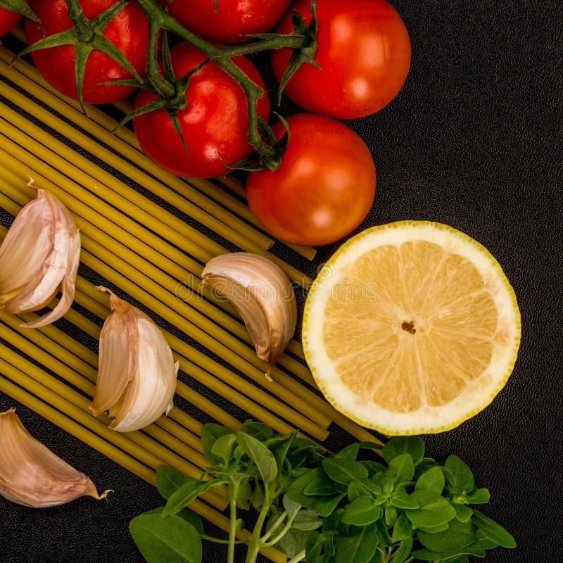 Italian Style Cooking Ingredients Pasta Tomatoes Basil and Garlic Stock ...