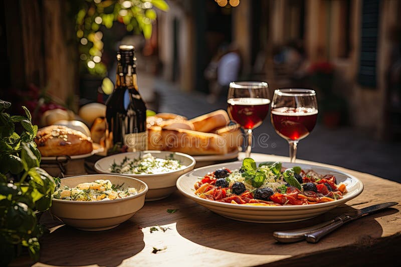 Italian Table Full in Traditional Trattoria., Generative IA Stock ...