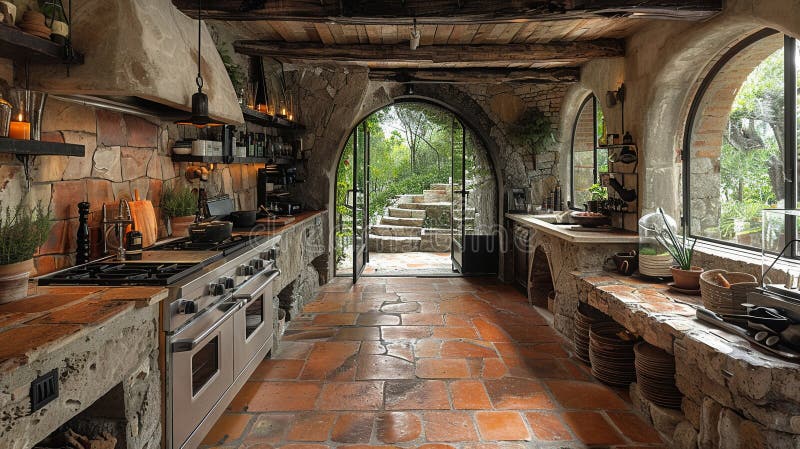 Italian Villa Kitchen with Terracotta Tiles and a Rustic Stone Oven ...
