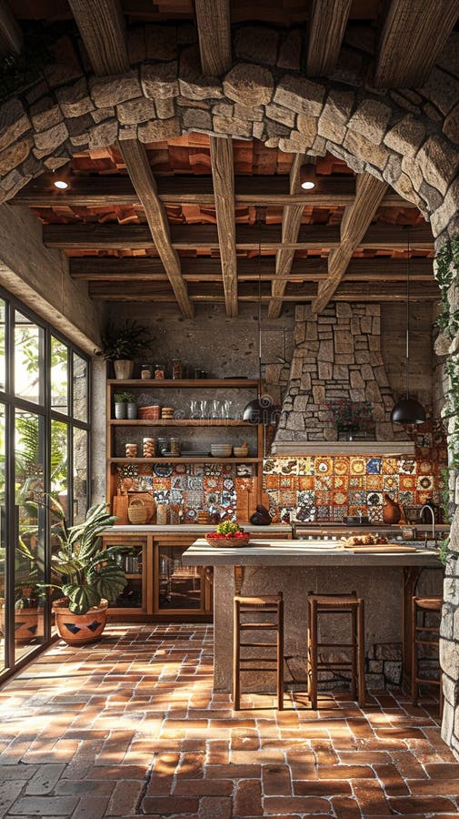 Italian Villa Kitchen with Terracotta Tiles and a Rustic Stone Oven3D ...