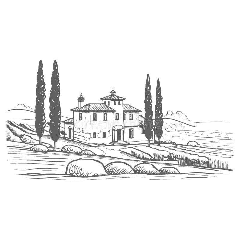 Italian Villa in a Landscape Stock Illustration - Illustration of font ...