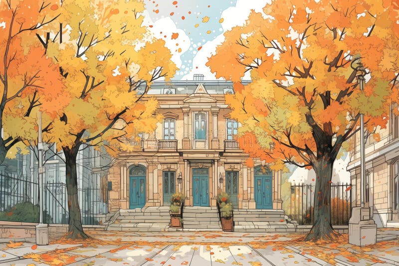 Italianate Structure Seen through Rows of Trees in Autumn, Magazine ...