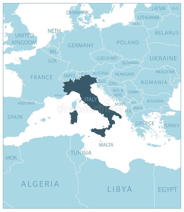 Italy - Blue Map with Neighboring Countries and Names Stock ...