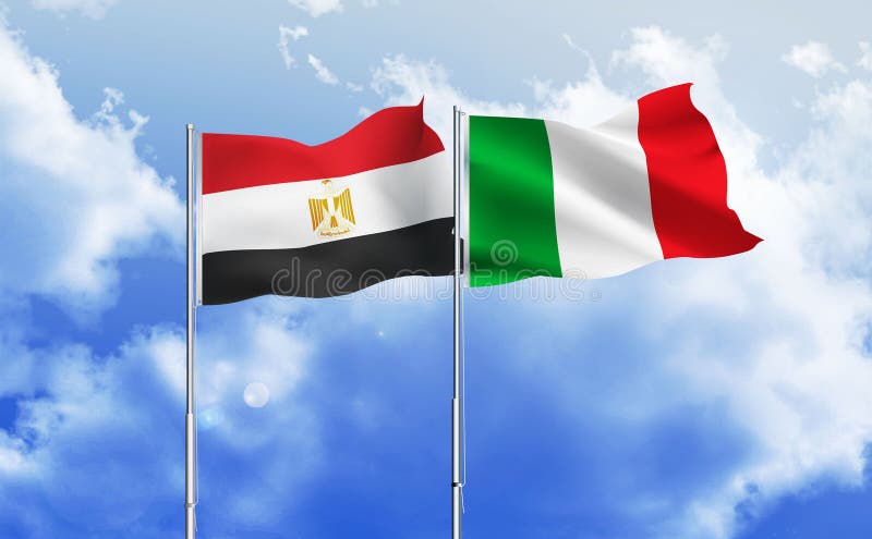 Italy and Egypt Flags Together Waving Against Blue Sky Stock ...