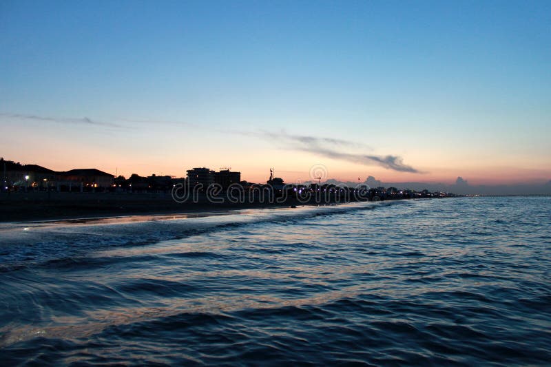 Italy. Emilia-Romagna. Rimini. Sea on Blue Pink Sky Background ...