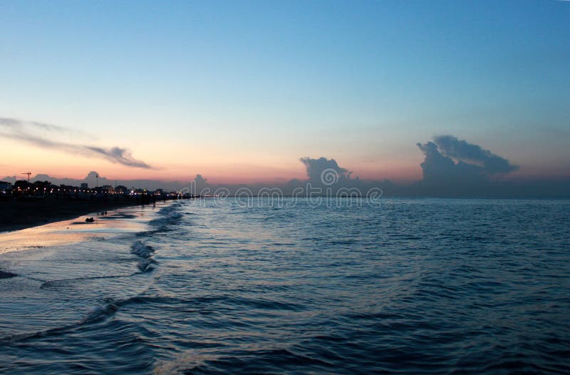 Italy. Emilia-Romagna. Rimini. Sunset on Sea on Blue Pink Sky ...