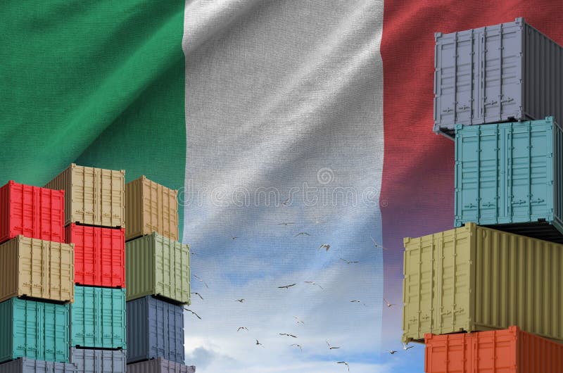 Italy Flag and Big Stack of Shipping Cargo Containers in Docks with Sky ...