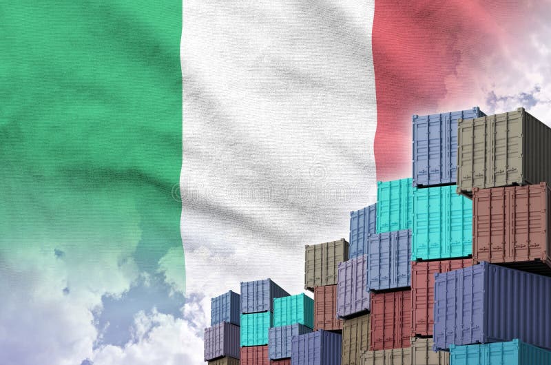 Italy Flag and Big Stack of Shipping Cargo Containers in Docks with Sky ...
