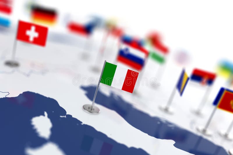 Italy Flag in the Focus. Europe Map with Countries Flags Stock ...