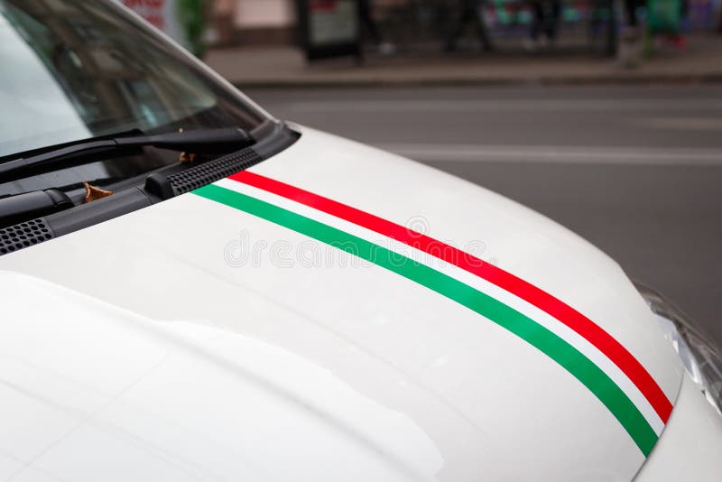Italy Flag Stripe on the Engine Hood of a White Car Stock Image - Image ...
