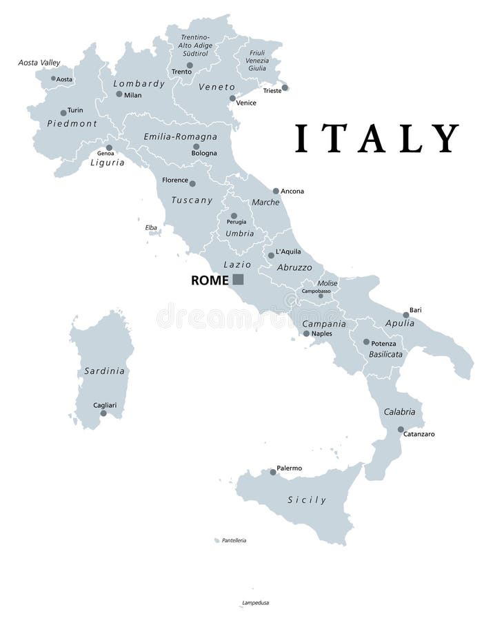 Italy, Gray Political Map with Regions and Administrative Divisions ...