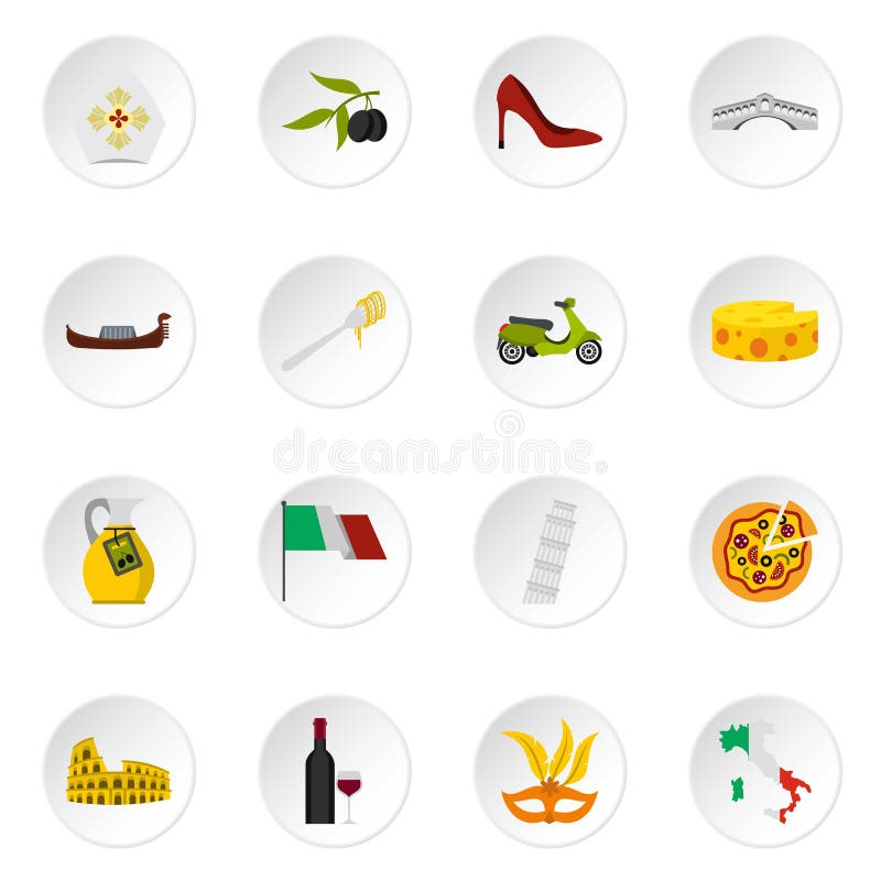 Italy Icons Set, Flat Style Stock Vector - Illustration of culture ...
