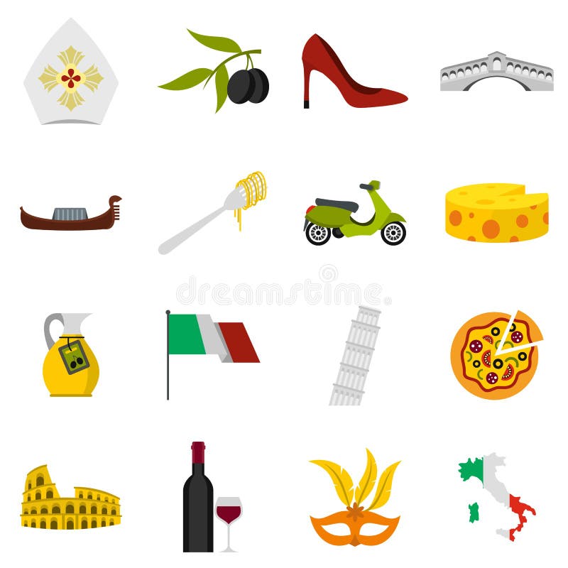 Italy Icons Set, Flat Style Stock Vector - Illustration of glass ...