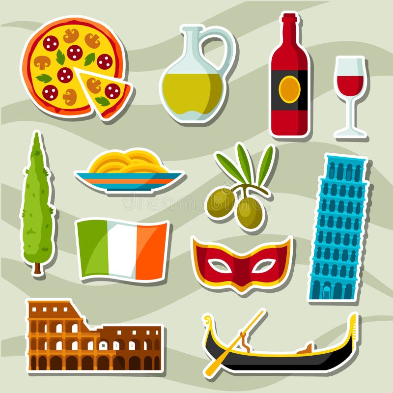 Italy Icons Set. Italian Sticker Symbols and Objects Stock Vector ...
